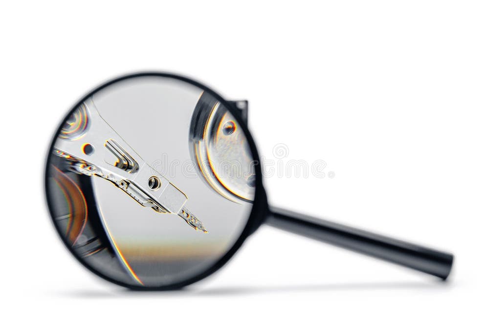 Magnifying Glass Over Hard Disk Drive on White Background Stock Image ...