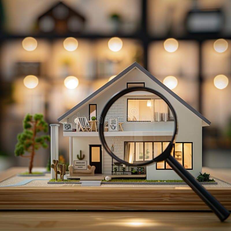 Magnifying Glass Over Miniature House Model Stock Illustration ...
