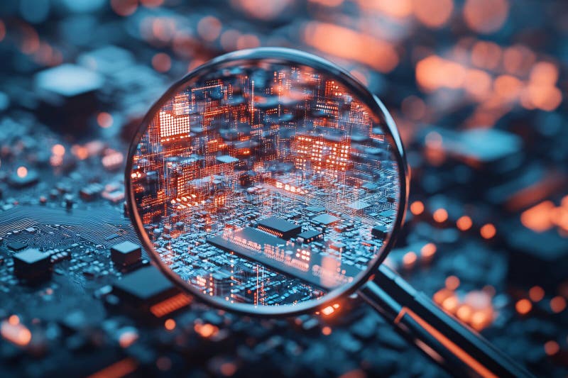 Magnifying Glass Over Modern Circuit Board Stock Illustration ...