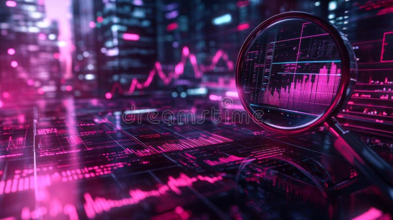 Magnifying Glass Over Neon Pink Financial Charts Stock Illustration ...
