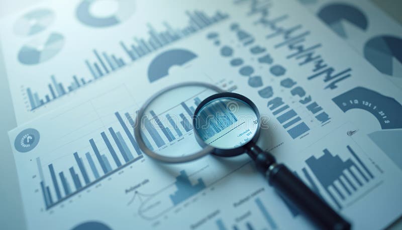 Magnifying Glass Over Statistical Charts and Graphs in Data Analysis Setting Stock Illustration ...
