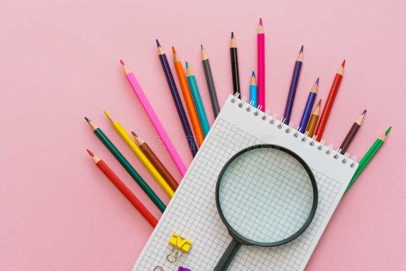 Magnifying Glass Pencils Blank White Notepad Spring Pink Stock Photos ...