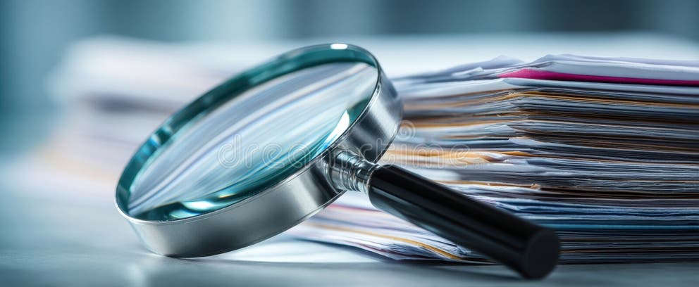 The Magnifying Glass Placed on a Stack of Papers for Detailed ...