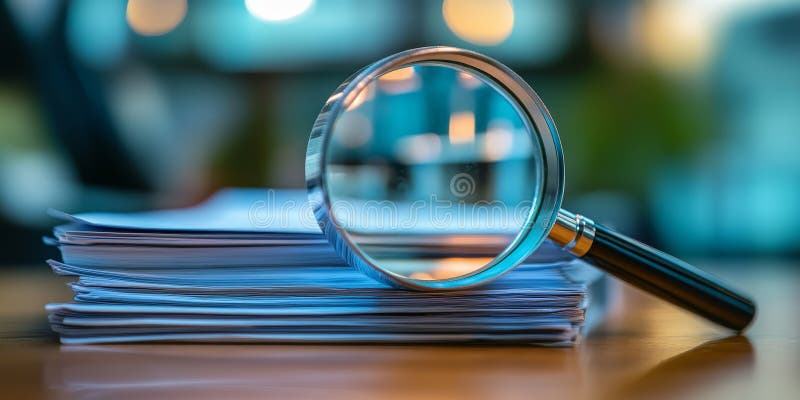 A Magnifying Glass Positioned Over a Stack of Various Important ...