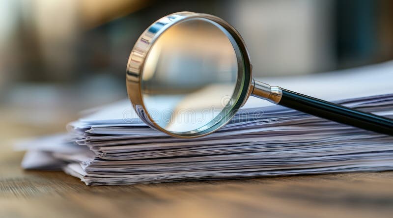 A Magnifying Glass Positioned Strategically Over a Stack of Various ...