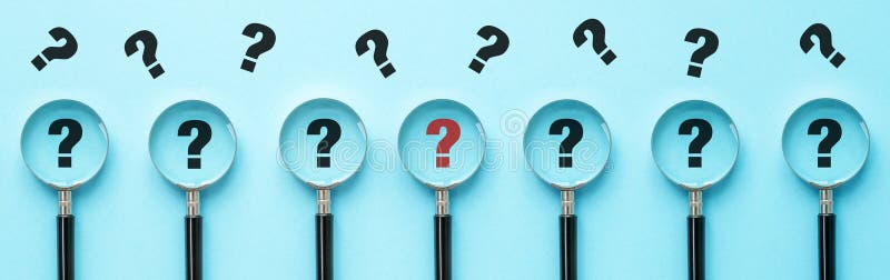 Magnifying Glass and Question Mark Signs on Blue Background. Searching ...