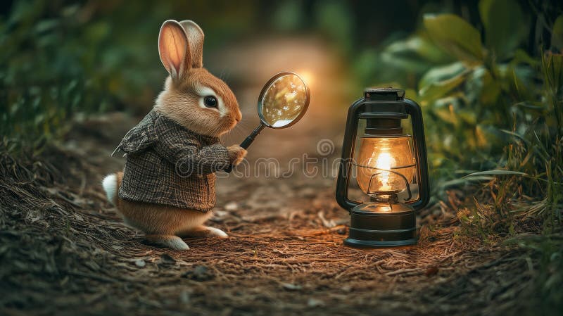 With a Magnifying Glass, the Rabbit Detective Inspects Footprints in ...