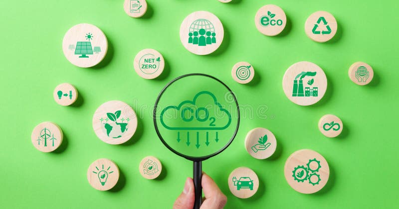 Magnifying Glass with Reduce CO2 Emission Concept, Environment Icons ...
