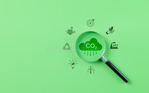 Magnifying Glass with Reduce CO2 Emission Concept, Environment Icons ...