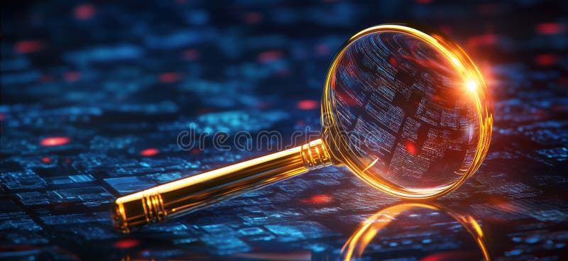 Magnifying Glass Reflecting Digital Data on Circuit Board, Symbolizing ...