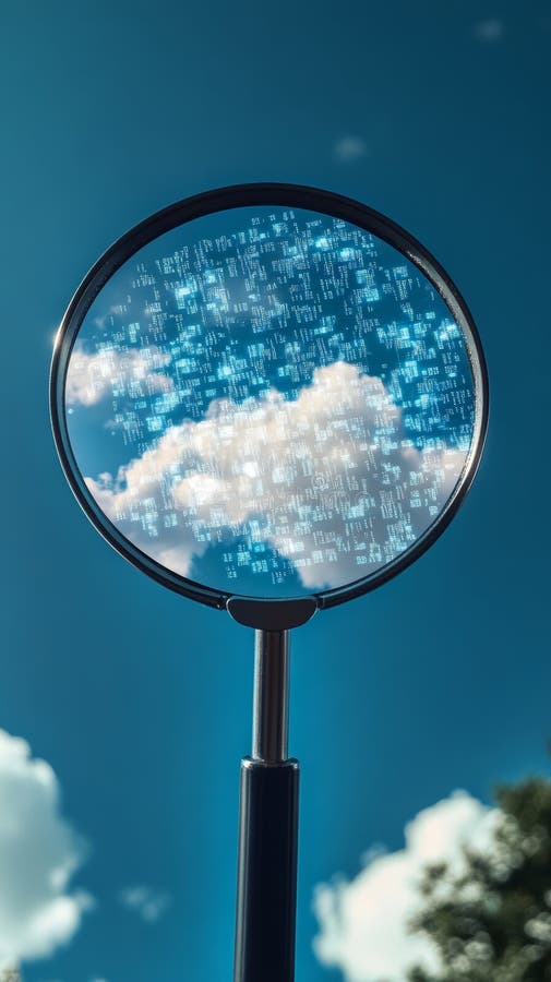 Magnifying Glass Reflecting Digital Data and Clouds in Sky Stock ...