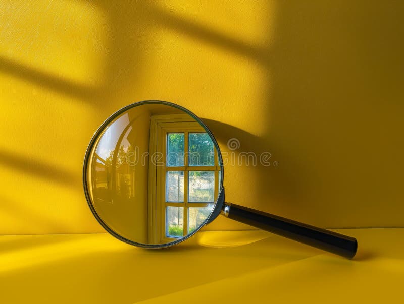 Magnifying Glass Reflecting Window on Yellow Background Stock Photo ...