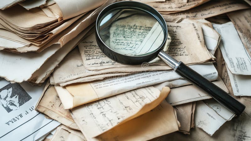 Magnifying Glass Resting on a Pile of Old, Weathered Documents and ...