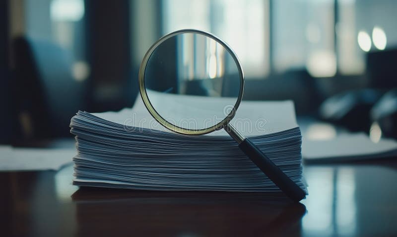 Magnifying Glass Resting on Stack of Documents in Office Setting ...