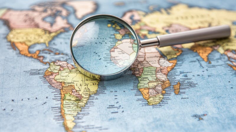 A Magnifying Glass Rests on a World Map, Emphasizing Particular Regions ...