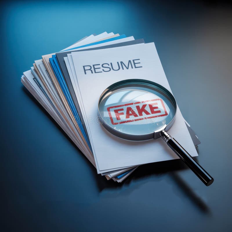 Magnifying Glass Revealing Fake Resume on Black Desk with Stack of ...