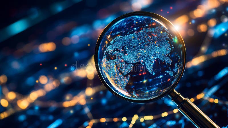 Magnifying Glass Revealing Illuminated Globe in Digital Space Stock ...
