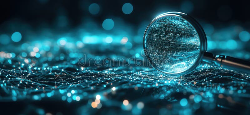 Magnifying Glass Revealing Intricate Network of Glowing Blue ...