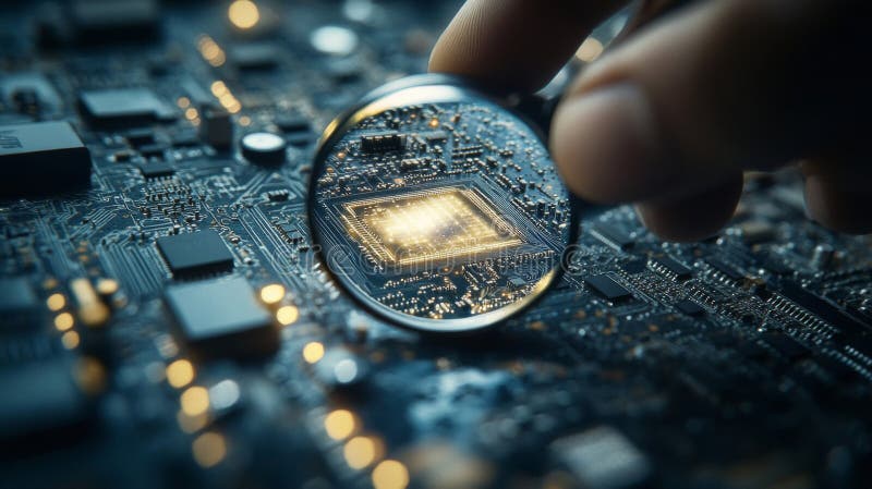 Magnifying Glass Reveals Circuit Board Microchip Detail Stock ...