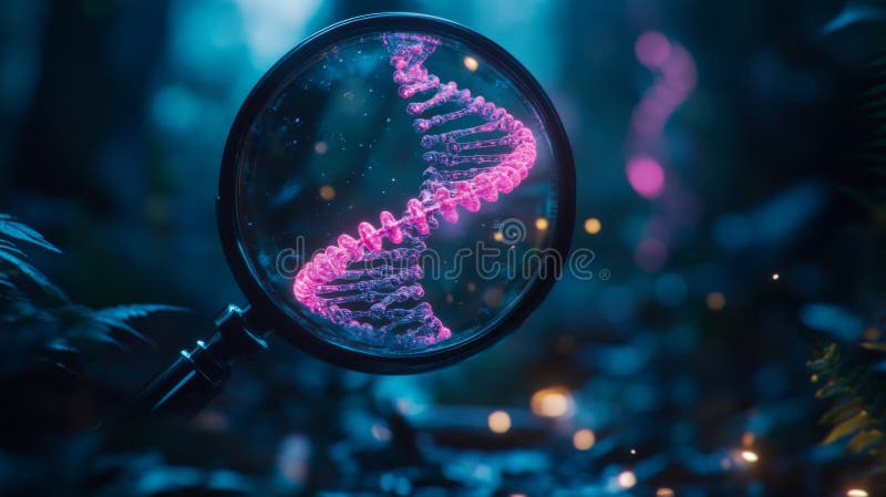 Magnifying Glass Reveals Glowing DNA Helix Structure Stock Illustration ...