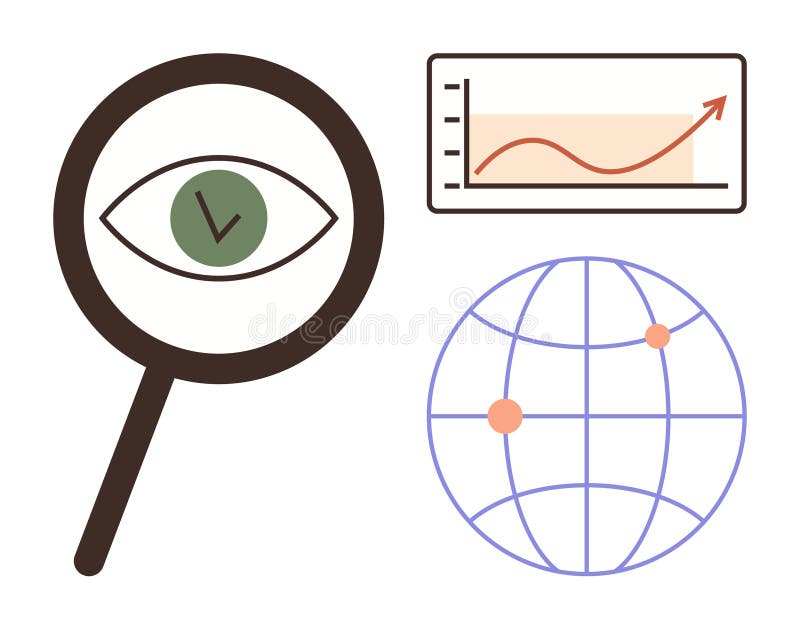 Magnifying Glass, Rising Chart, and Globe Representing Analytics and Global Insights Stock ...