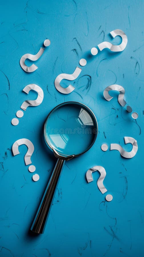 Magnifying Glass with Scattered Paper Question Marks on Blue Background ...