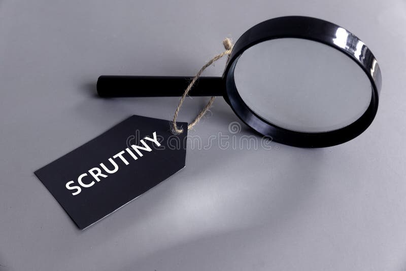 Magnifying Glass with Scrutiny Tag on Grey Background Stock Image ...