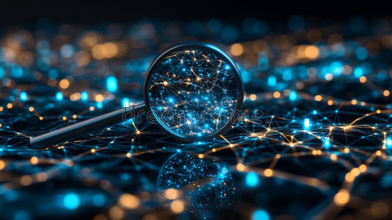 A Magnifying Glass Shows a Blue, Luminous Digital Network of Icons ...