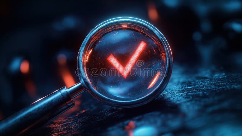 Magnifying Glass Shows Glowing Checkmark. Quality Control Process ...