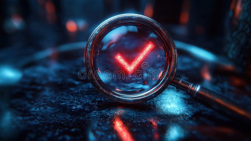 Magnifying Glass Shows Glowing Checkmark. Quality Control, Validation ...