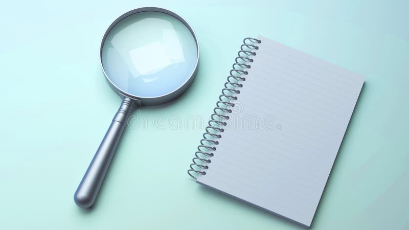 Magnifying Glass and Spiral Notebook on Light Blue Background . 3D ...
