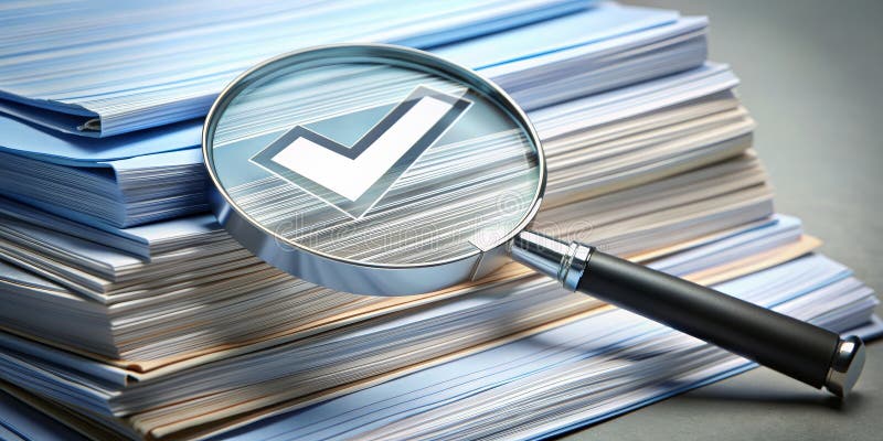 Magnifying Glass on a Stack of Papers with a Checkmark Inside, Paper ...