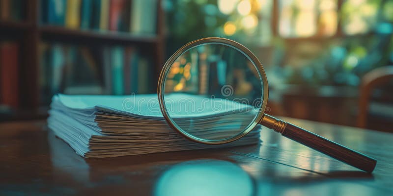 Magnifying Glass on Stack of Papers in Cozy Library Setting with Warm ...