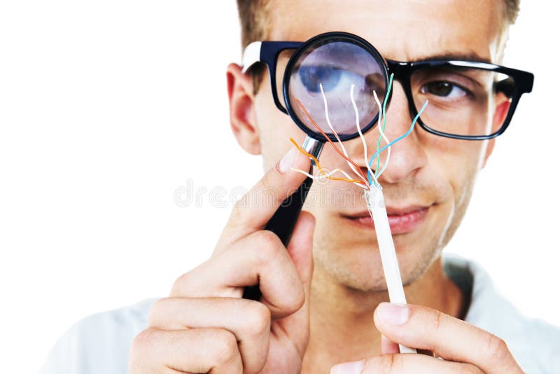 Magnifying Glass, Technician and Hand of Man with Cables or Problem ...