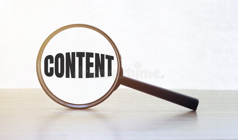 Magnifying Glass with Text CONTENT on Wooden Table Stock Image - Image ...