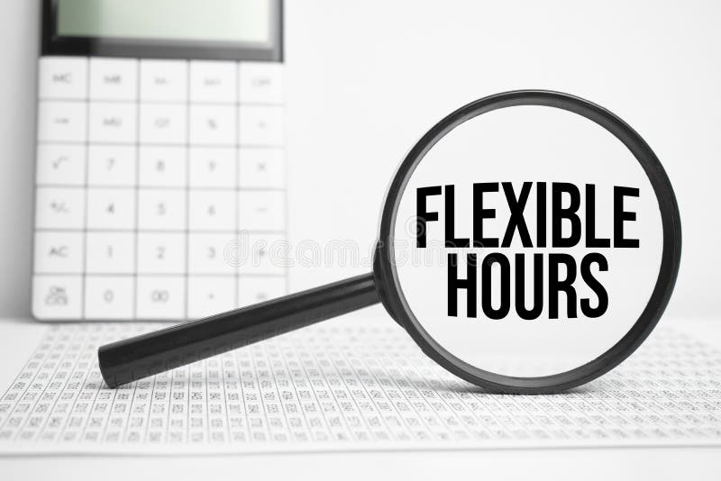 Magnifying Glass with Text FLEXIBLE HOURS on White Table with ...