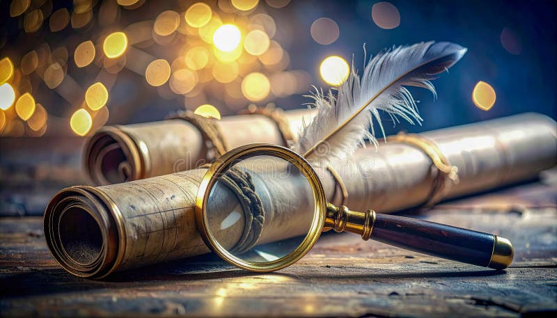 A Magnifying Glass is on Top of Two Scrolls of Paper. the Scrolls are ...