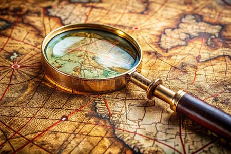 Magnifying Glass and Track with Marked Location on Old Map Stock ...