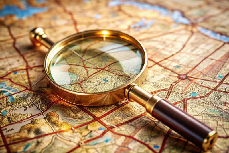 Magnifying Glass and Track with Marked Location on Old Map Stock ...