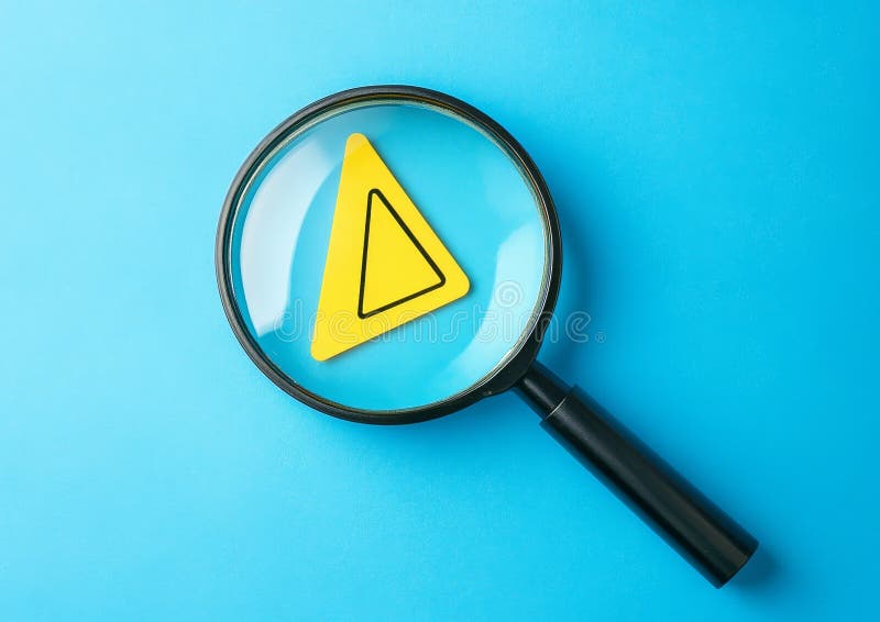 A Magnifying Glass with a Yellow Warning Triangle Inside on a Blue ...