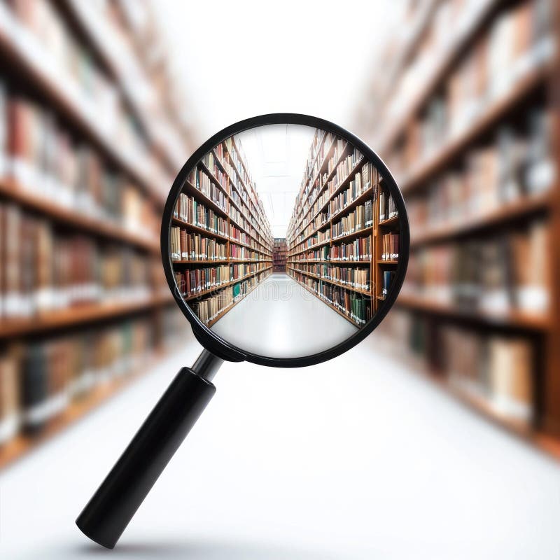 Magnifying Insight in Towering Library Corridor Stock Illustration ...