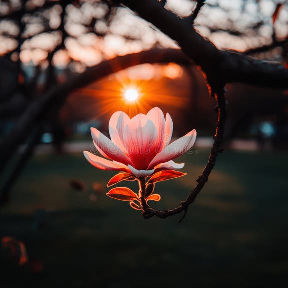 Magnolia Blossom in Sunset Glow among Tree Branches Stock Photo - Image ...