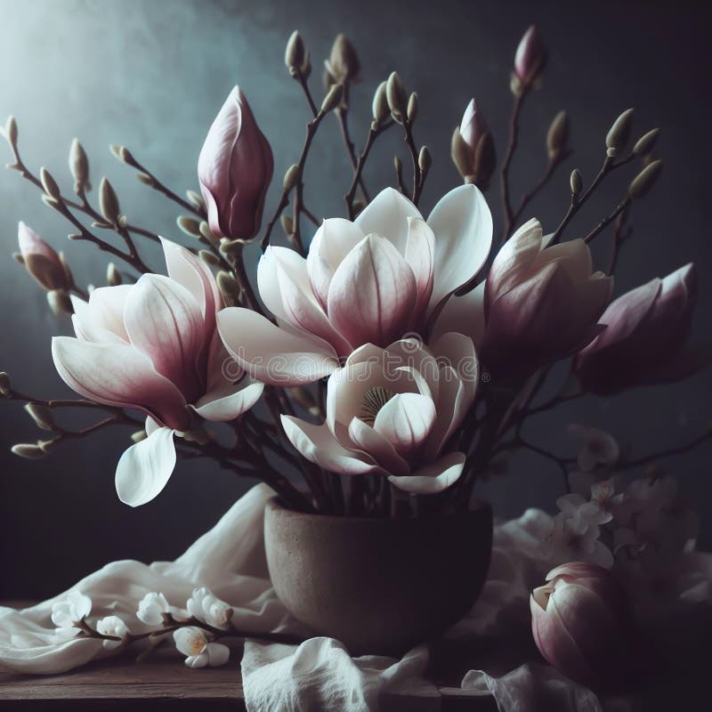 Magnolia Bouquet with Dramatic Side Light. Flowers and Plants in Spring ...