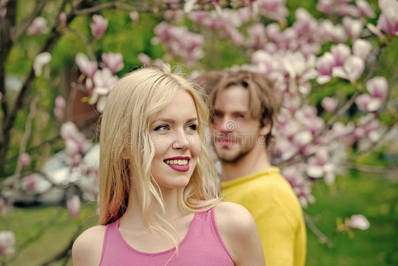 Magnolia, Couple in Love in Spring Flower Blossom Stock Photo - Image ...