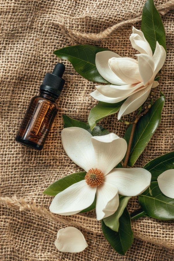 Magnolia Essential Oil on Burlap Background Stock Photo - Image of ...