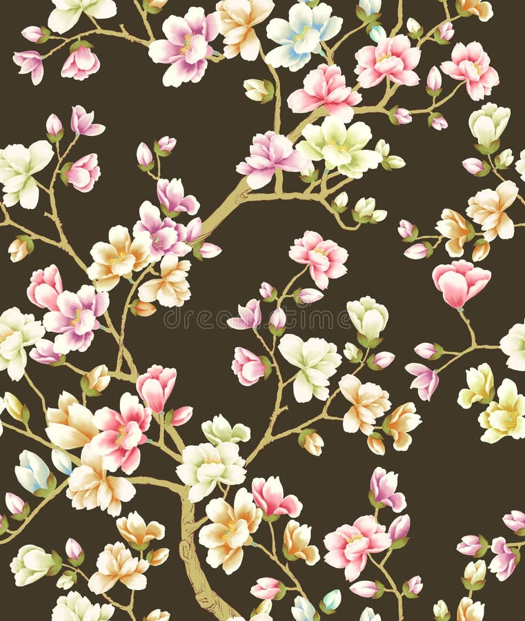 Magnolia Flower Seamless Pattern Drawing. Stock Photo - Image of birds ...