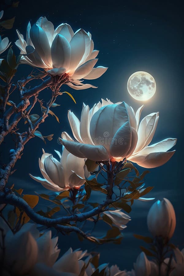 Magnolia Flowers on Branches at Night with Full Moon Stock Illustration ...