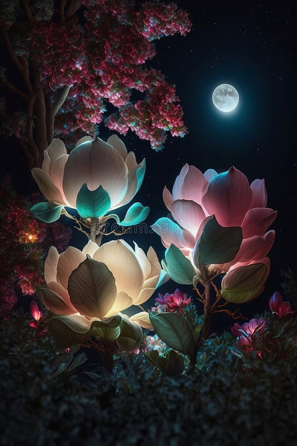 Magnolia Flowers on Branches at Night with Full Moon Stock Illustration ...