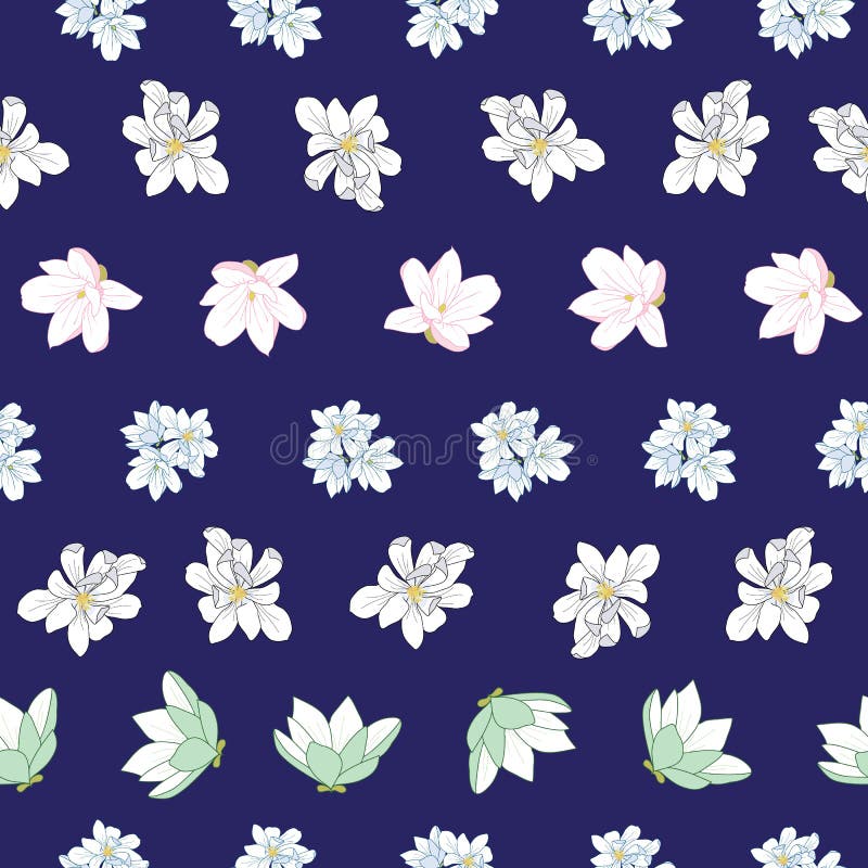 Magnolia Flowers Seamless Pattern on Blue Background Stock Vector ...