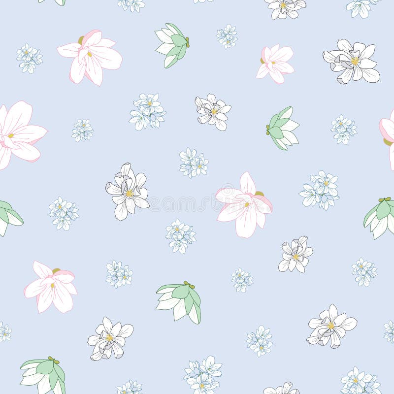 Magnolia Flowers Seamless Pattern on Light Blue Background Stock Vector ...